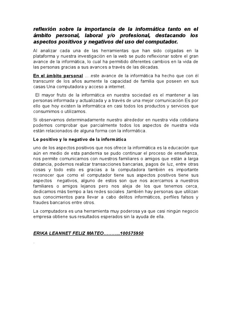 Reflexión Sobre La Importancia de La Informática Tanto en El Ámbito ...