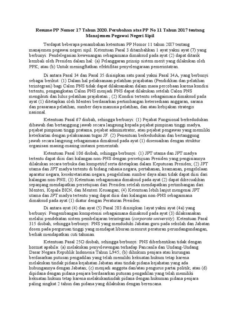 5.resume PP Nomor 17 Tahun 2020. Perubahan Atas PP No 11 Tahun 2017 Tentang Manajemen Pegawai ...