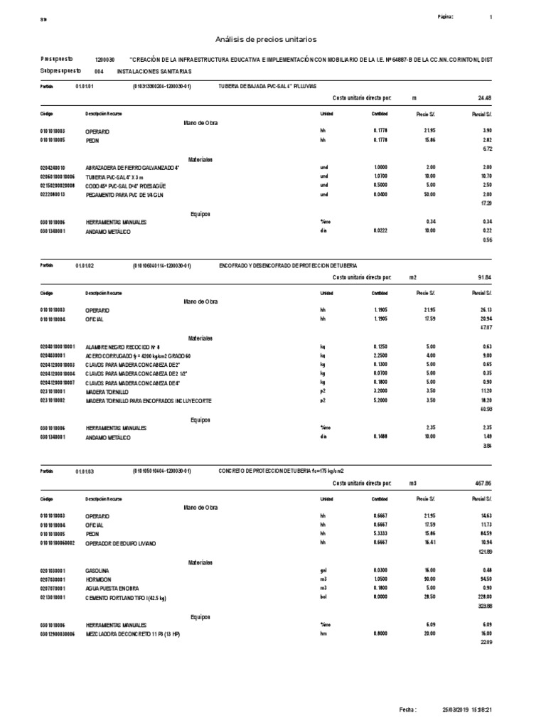 Analisis de Costos Unitarios de Instalaciones Sanitarias | PDF