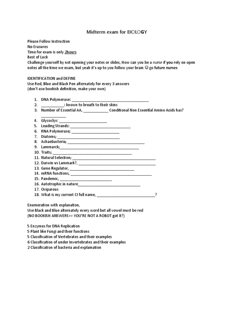 Midterm Exam For BIOLOGY Rogers | PDF | Dna | Rna