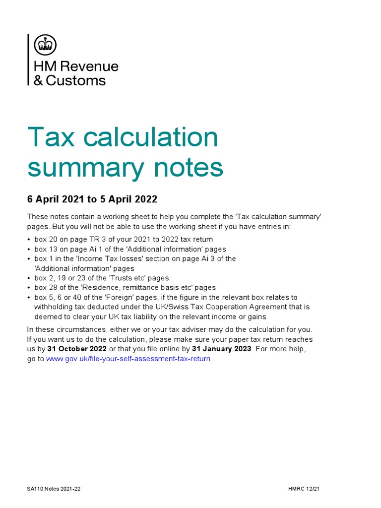 Tax Calculation Summary Notes 2022 | PDF | Taxes | Dividend