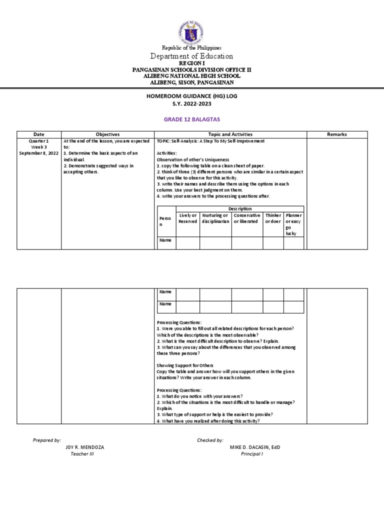 Grade 12 Homeroom Guidance Log | PDF | Psychological Concepts | Psychology