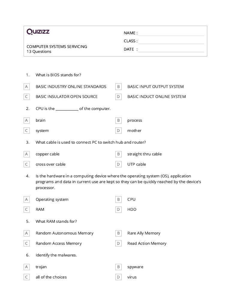 Computer Systems Servicing Quiz | PDF | Games & Activities | Technology ...