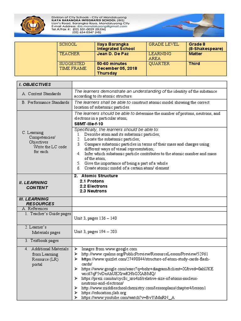 Grade 8 Atomic Structure Lesson Plan | PDF