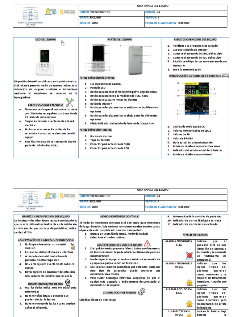Guía Rapida de PULSIOXIMETRO BIOLIGHT M800 | PDF