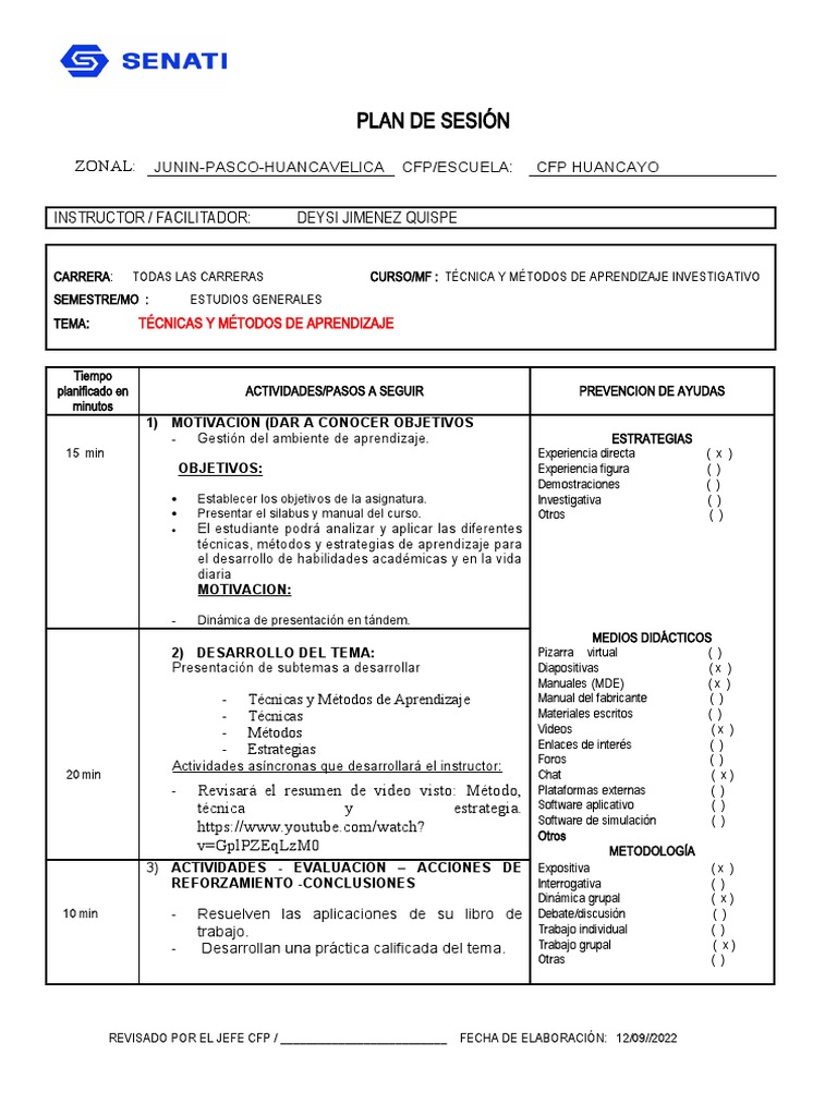 Planes de Sesion Metodos y Tecnicas | PDF | Aprendizaje | Análisis FODA