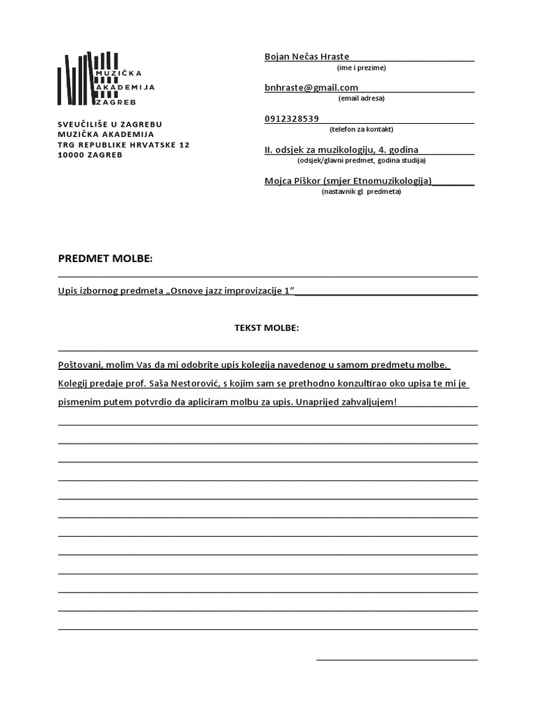 Molba Za Upis Izbornog Predmeta 1 | PDF