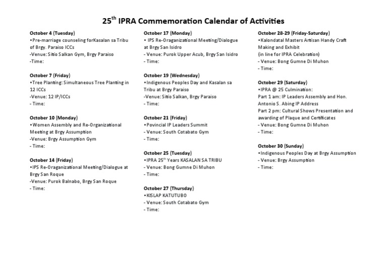 IPRA Calendar of Activities | PDF | Observances