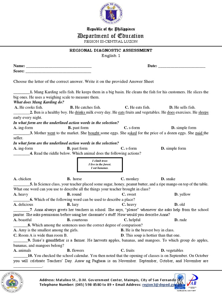 Grade 1 English Diagnostic Assessment | PDF | Punctuation