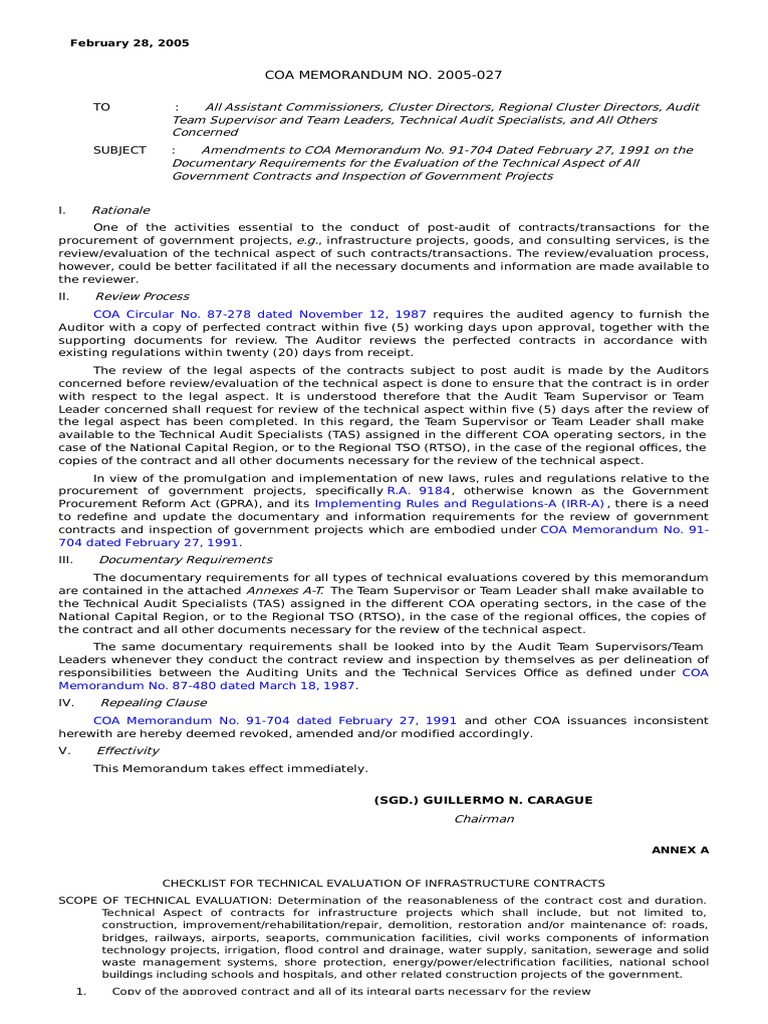 Coa Memorandum No. 2005-027 | PDF | Audit | Specification (Technical ...