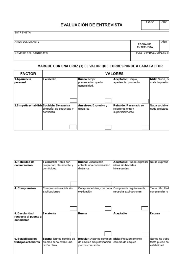 Formato de Evaluaci N de Entrevista - Xls - Hoja1 | PDF