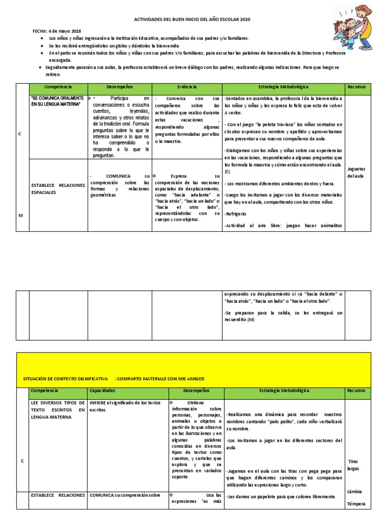Actividades Del Buen Inicio Del Año Escolar 2018 | PDF