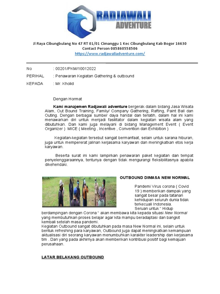 Surat Penawaran Kegiatan Gathering & Outbound | PDF | Karier & Perkembangan | Bisnis