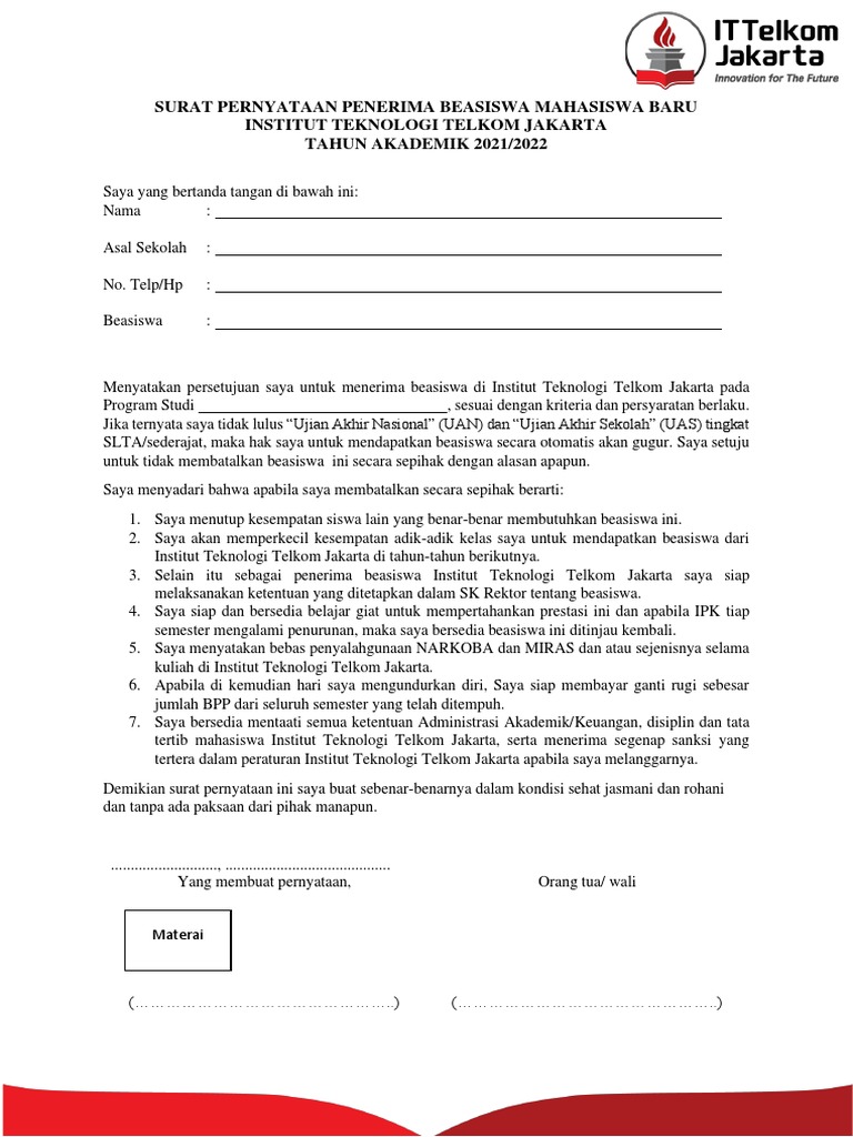 Surat Pernyataan Beasiswa Ittj | PDF