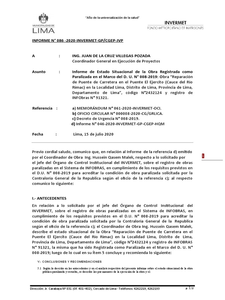 Ejemplo Informe N 086 2020 Invermet GP Cgep JVP | PDF | Presupuesto | Justicia