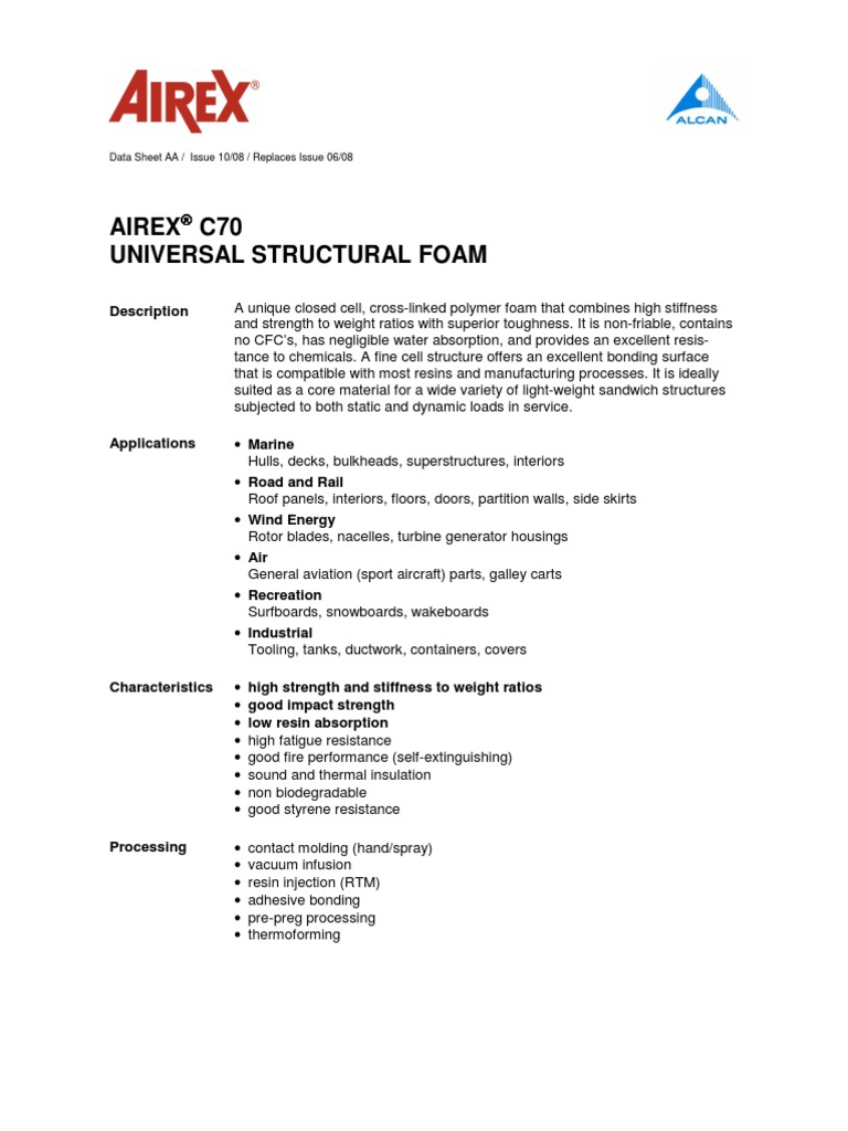c70 Data Sheet AIREX | PDF | Foam | Strength Of Materials