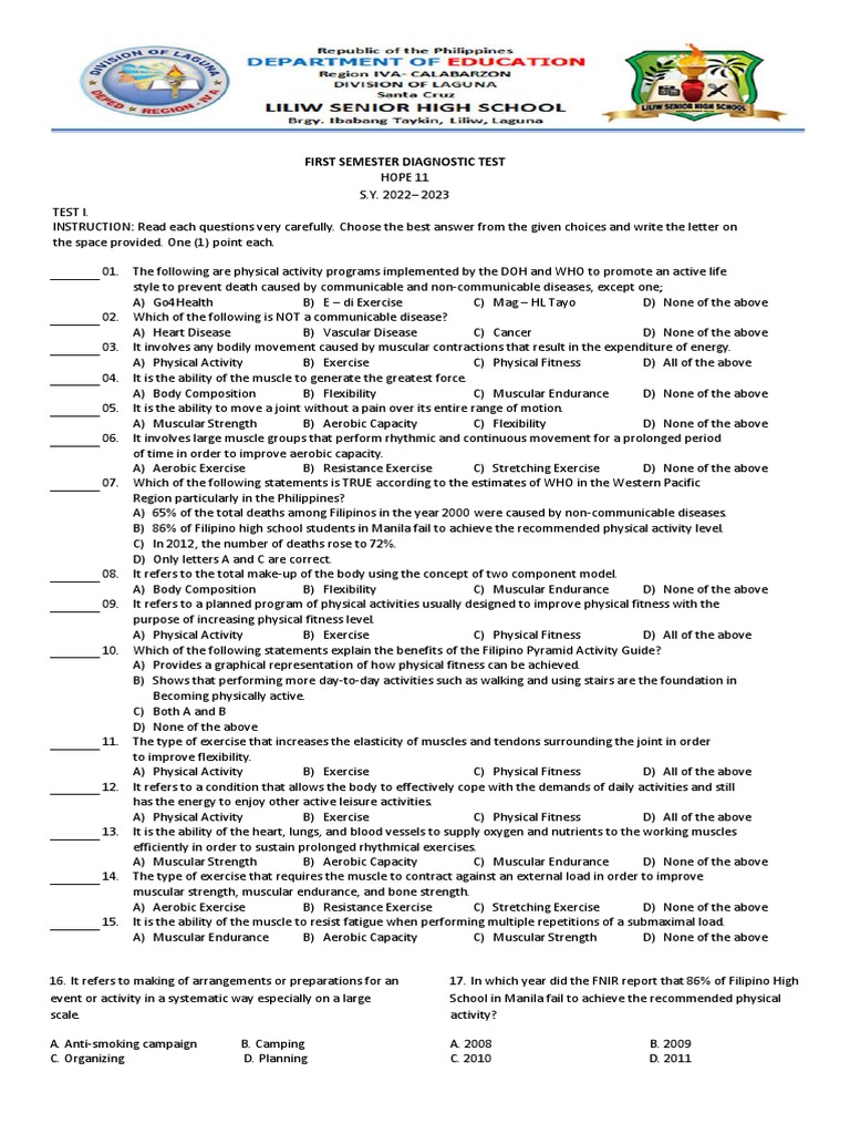 Diagnostic Test PE | PDF | Physical Fitness | Skeletal Muscle