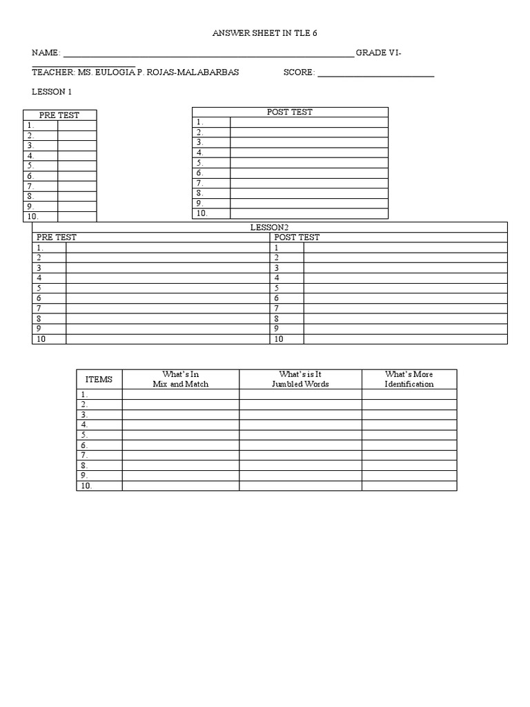 Grade VI Student Answer Sheet Containing Pre and Post Tests, Activities ...