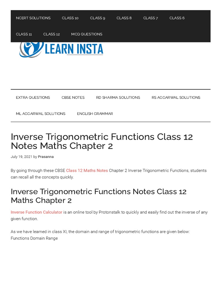 Inverse Trigonometric Functions Class 12 Notes Maths Chapter 2 | PDF ...
