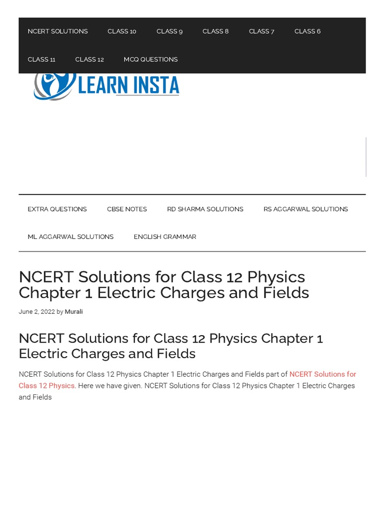 NCERT Solutions For Class 12 Physics Chapter 1 Electric Charges and ... NCERT Solutions For Class 12 Physics Chapter 1 Electric Charges and ...