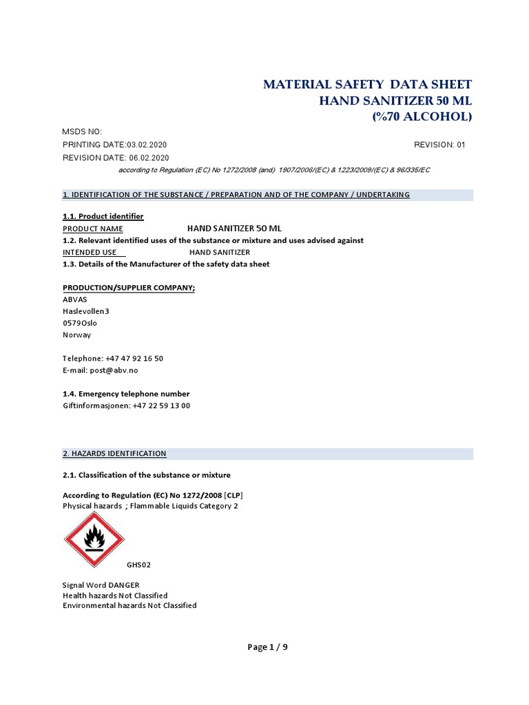 Data - Sheet - HAND SANITIZER 70 50 ML | PDF | Dangerous Goods ...