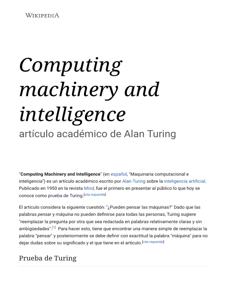 Computing Machinery and Intelligence - Wikipedia, La Enciclopedia Libre ...