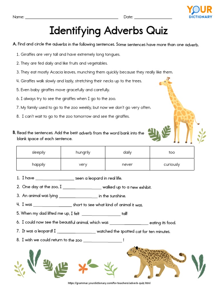 Identifying Adverbs Quiz | PDF | Giraffe | Zoo