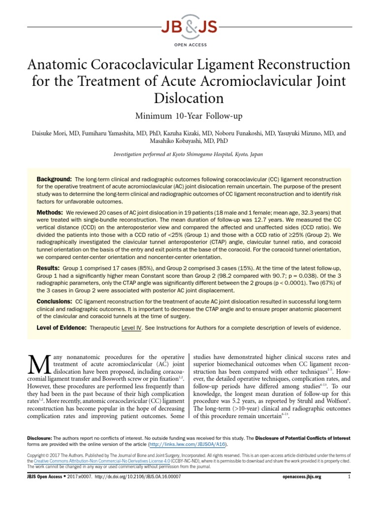 Anatomic Coracoclavicular Ligament Reconstruction For The Treatment of ...