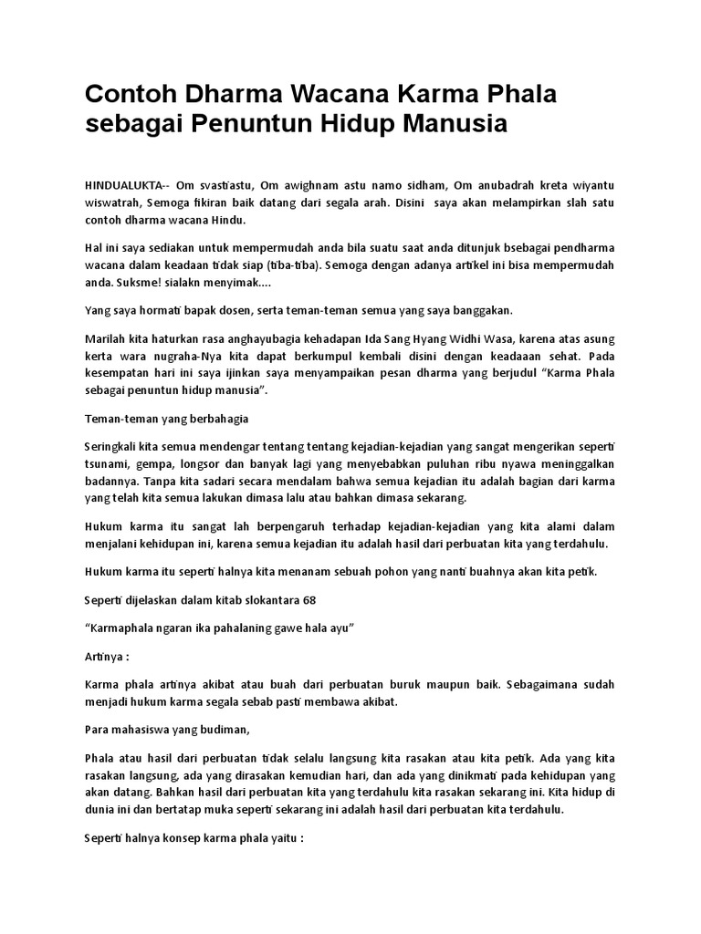 Contoh Dharma Wacana Karma Phala Sebagai Penuntun Hidup Manusia | PDF | Pengembangan Diri | Gaya ...