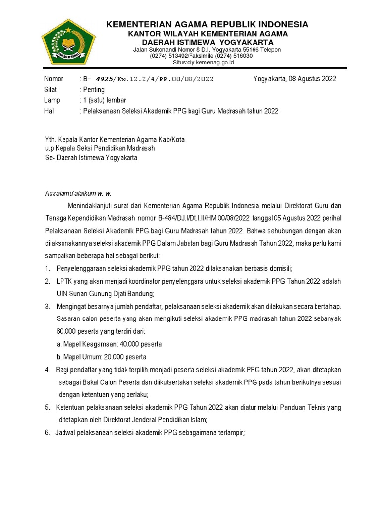 4925-Pelaksanaan Seleksi Akademik PPG Guru Madrasah 2022 | PDF