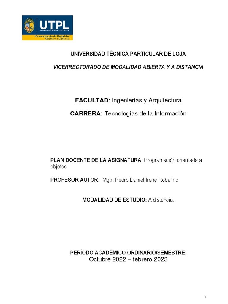 Plan Docente Programación Orientada A Objetos | PDF | Programación orientada a objetos ...