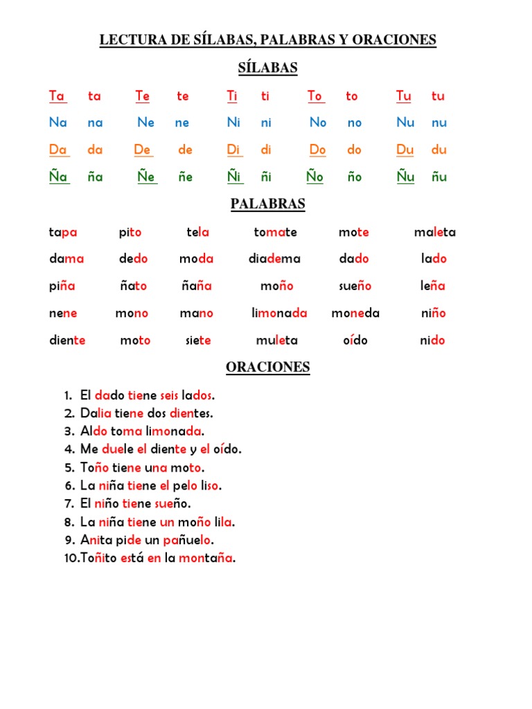 Palabras y oraciones con sílabas para niños | PDF | Artes del Lenguaje ...