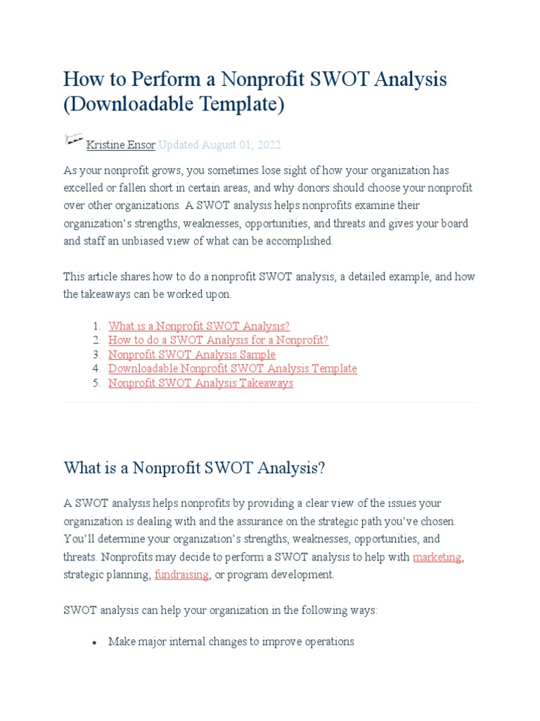 Nonprofit SWOT Analysis Guide | PDF | Fundraising | Swot Analysis