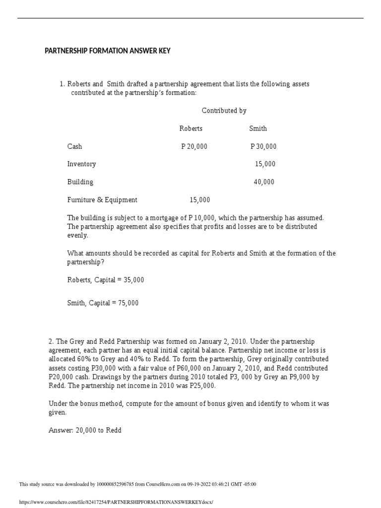 Partnership Formation Answer Key | PDF | Balance Sheet | Partnership