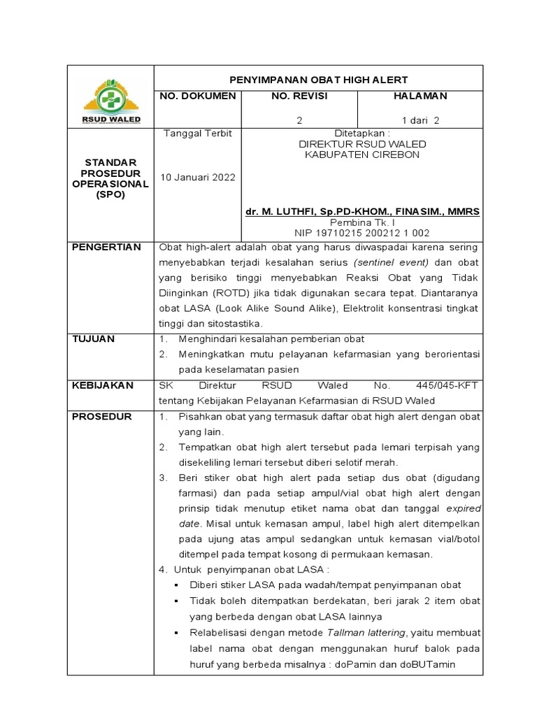 Sop Penyimpanan High Alert | PDF