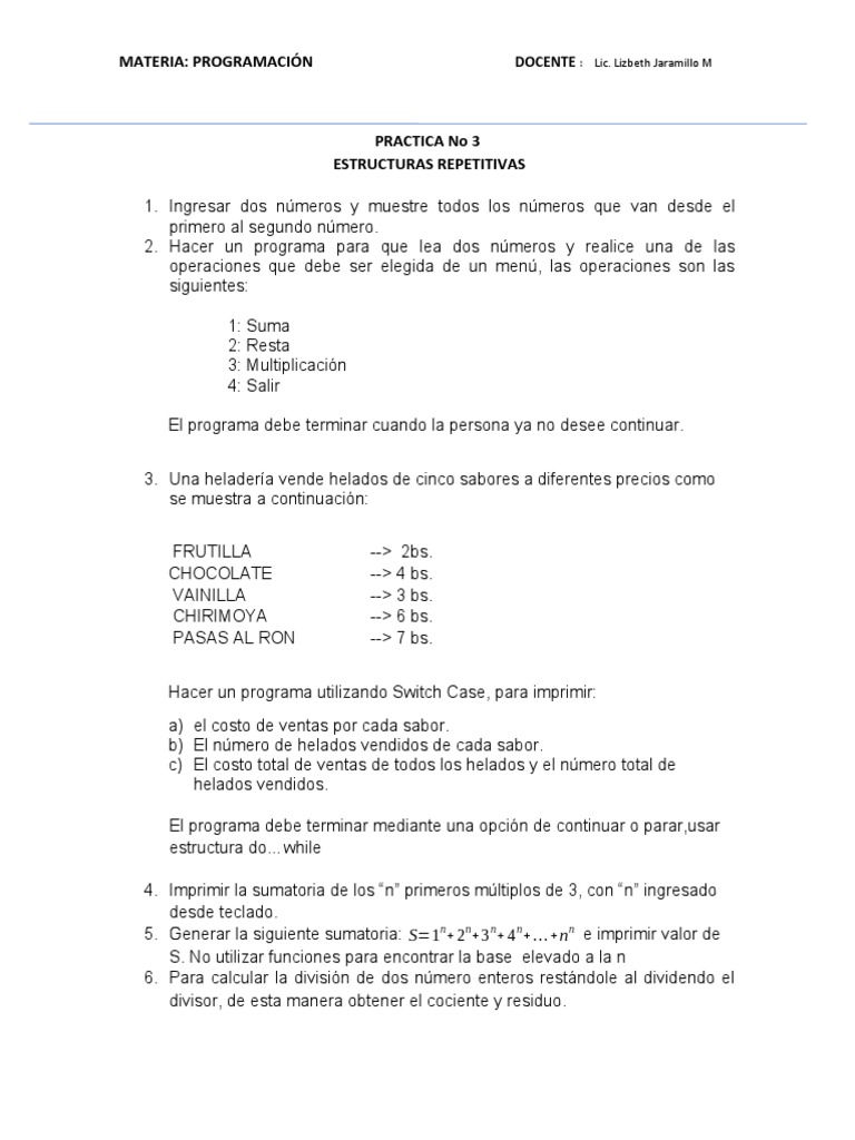 Practica de N 3 Est. Repetitivas 2022 | Descargar gratis PDF | División ...