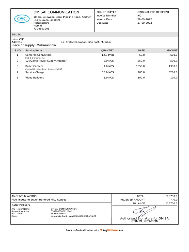 Lotus CHS. - Invoice - I60 | PDF | Electronics