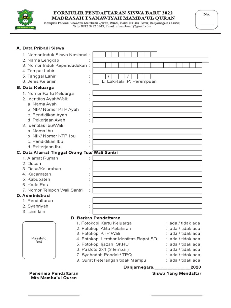 Formulir Pendaftaran MTs | PDF