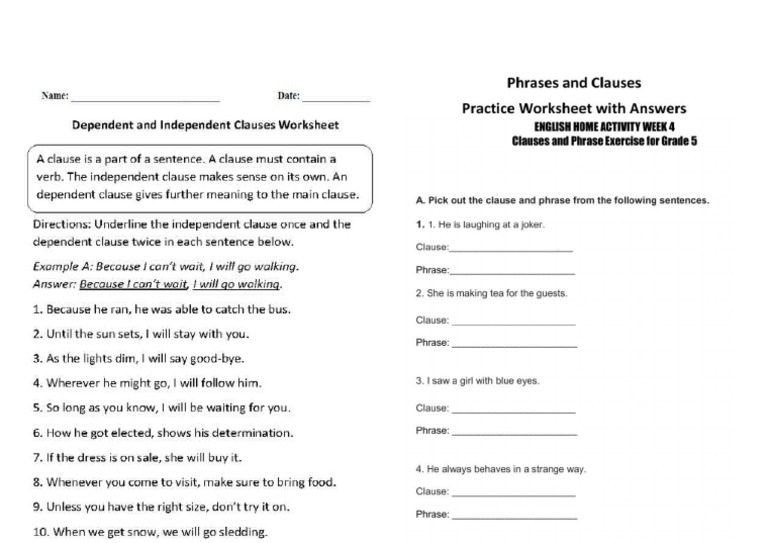 Worksheet Clause and Phrase | PDF