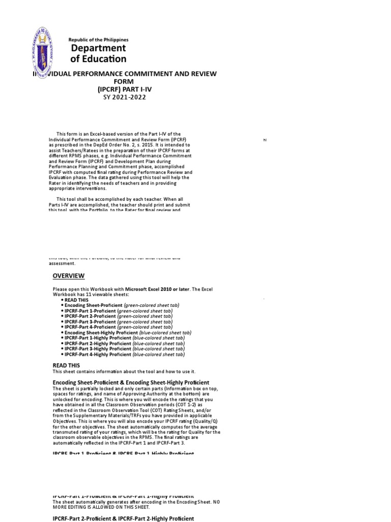 DepEd IPCRF Excel Tool Guide | PDF | Learning | Microsoft Excel