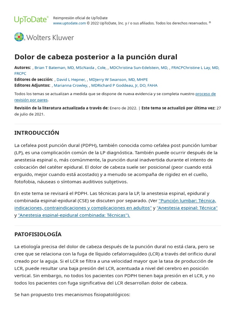 Post Dural Puncture Headache - UpToDate | PDF | Dolor de cabeza ...