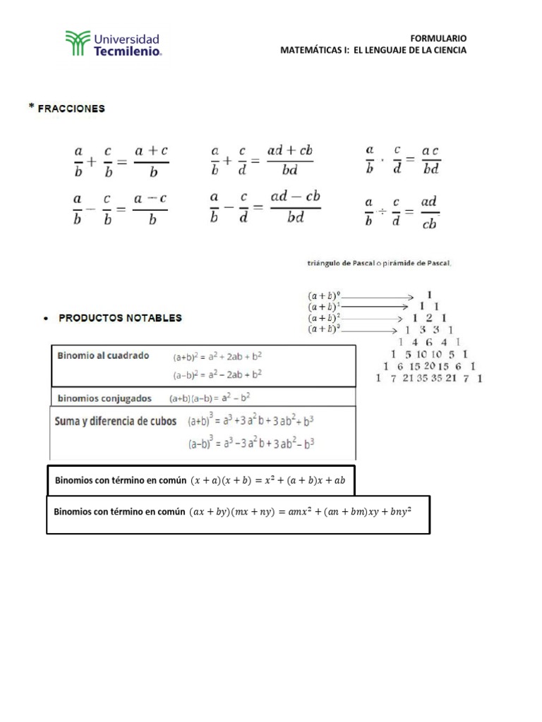 Formulario Matematicas 1 | PDF