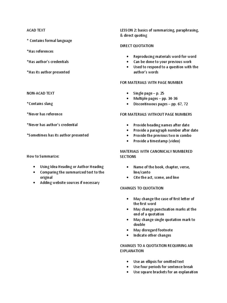 Summarizing, Paraphrasing, and Directly Quoting: Guidelines for ...