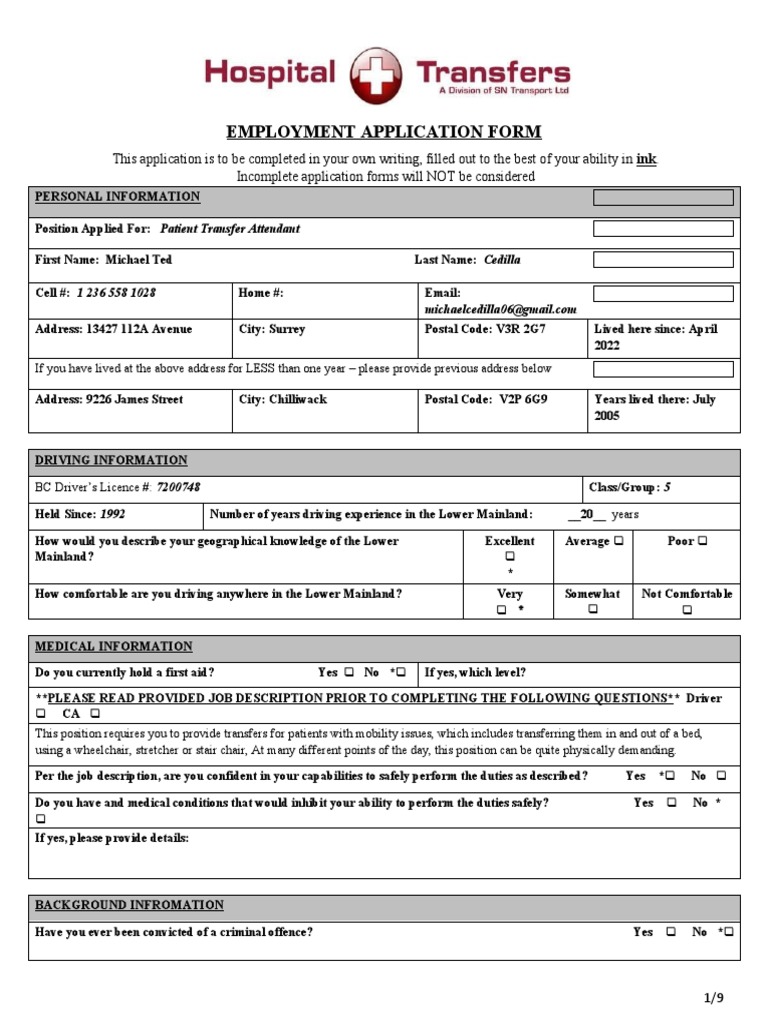 Patient Transfer Attendant Application | PDF