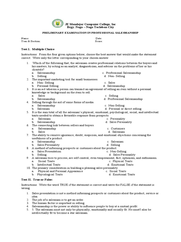 Preliminary Exam in Professional Salesmanship | PDF | Sales | Market (Economics)