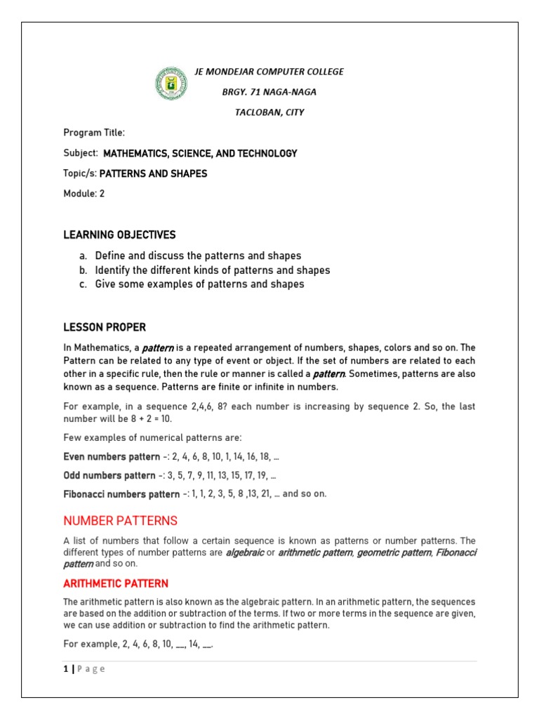 Module 2 (Mathematics, Science, and Technology) | PDF | Shape | Numbers