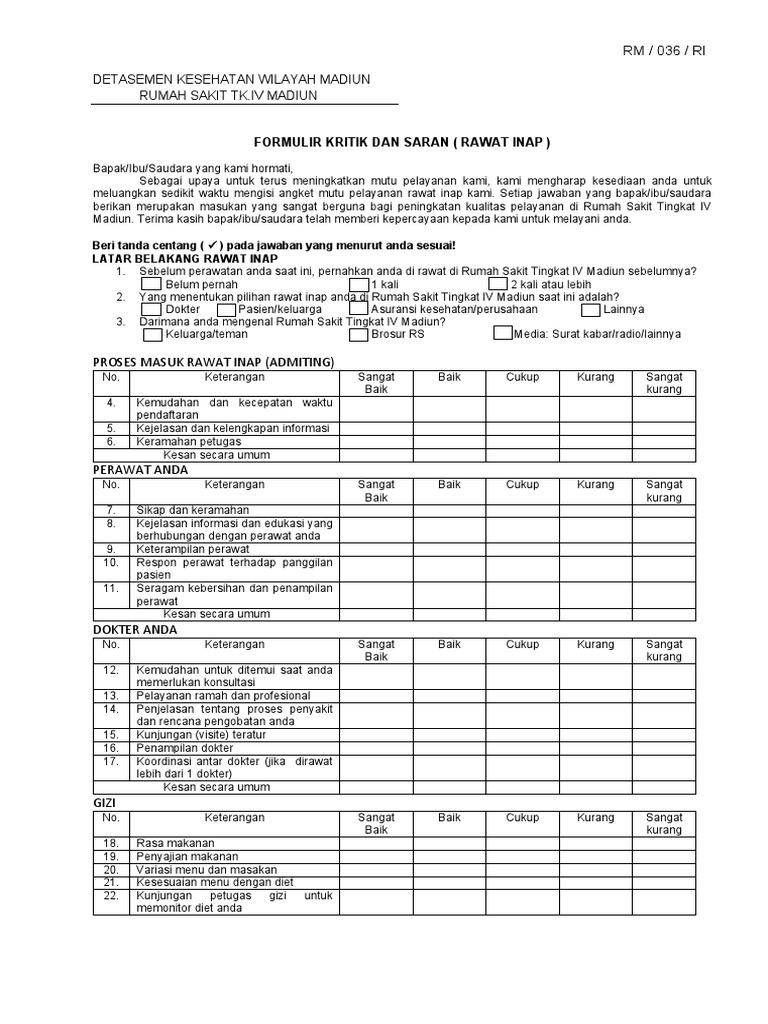 12) Rm.036.ri (Form Kritik Saran Ranap) | PDF