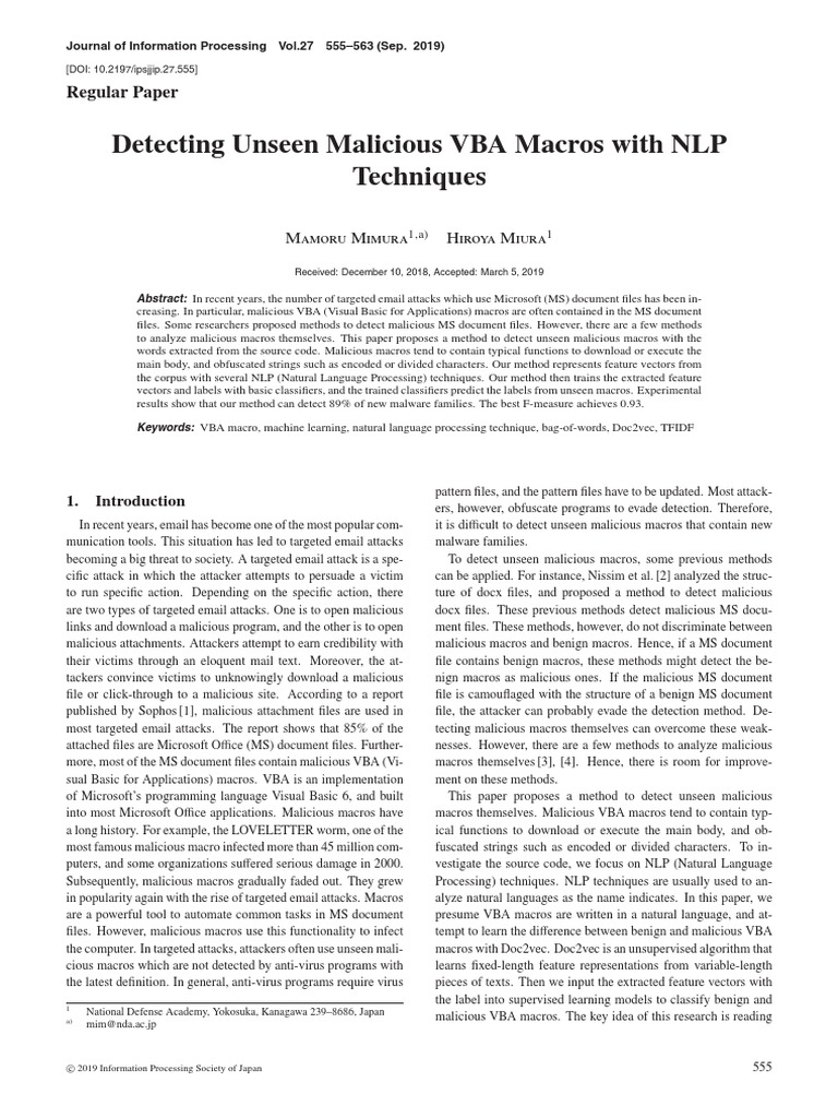 Detecting Unseen Malicious Vba Macros With Nlptechniques Pdf Malware Visual Basic For