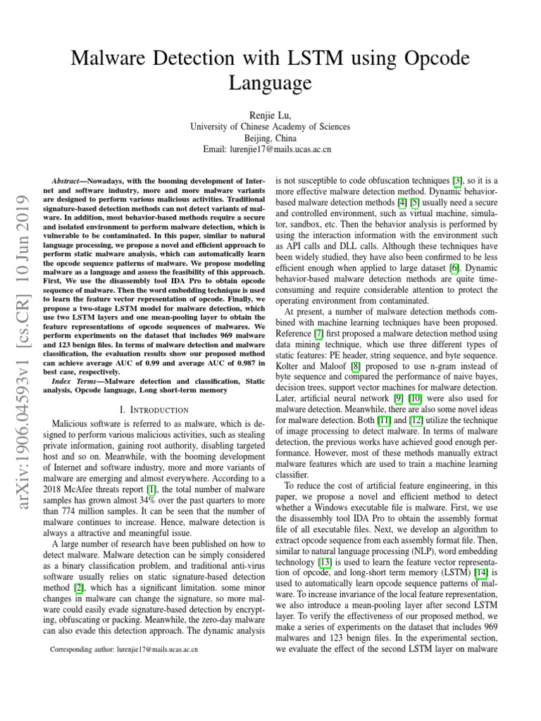 Malware Detection With LSTM Using Opcode Language | PDF