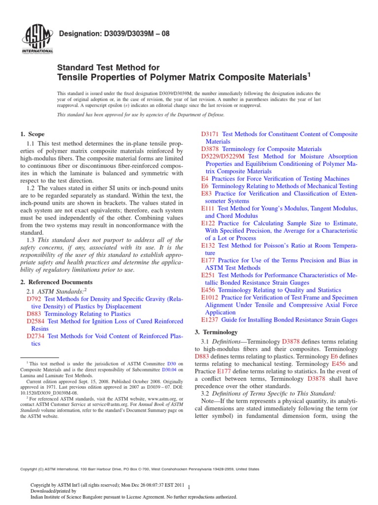 ASTM3039 Tensile Properties of Polymer Matrix Composite Materials | PDF ...